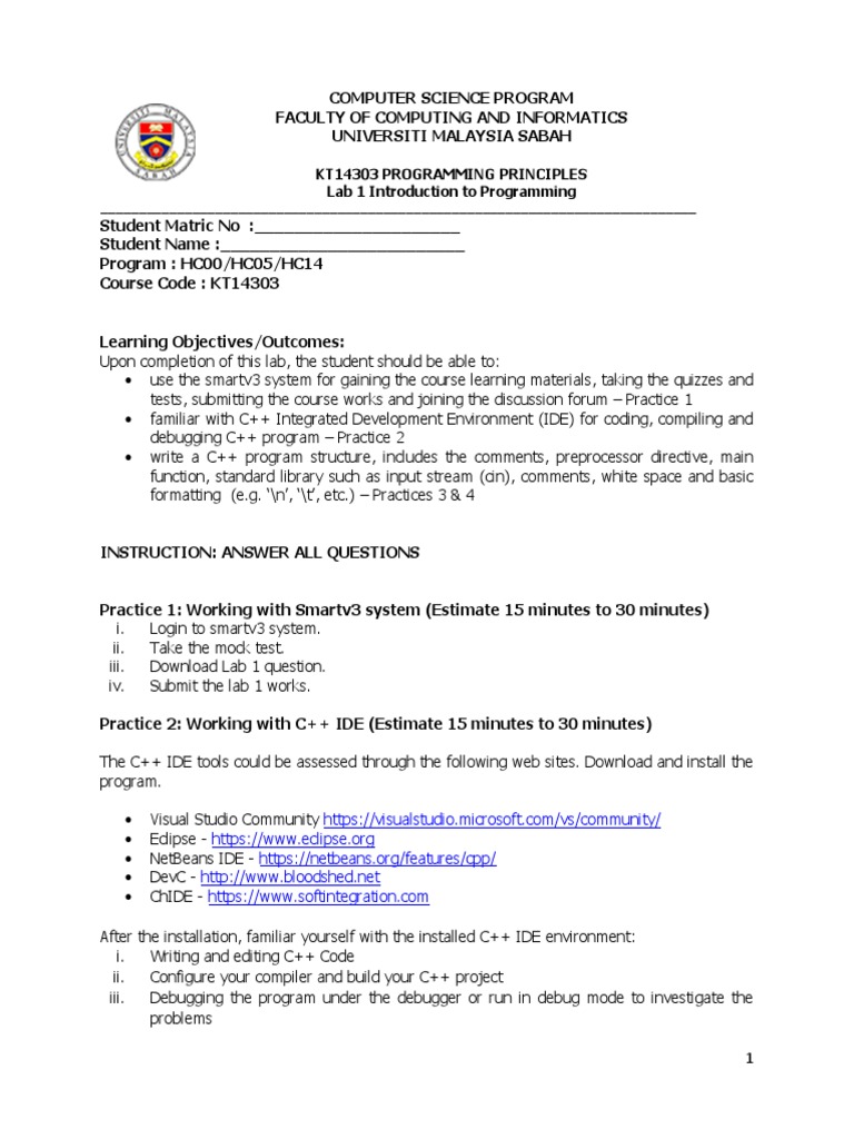 Lab 1 Introduction To Progrmming | PDF | Integrated Development Environment | Computer Programming