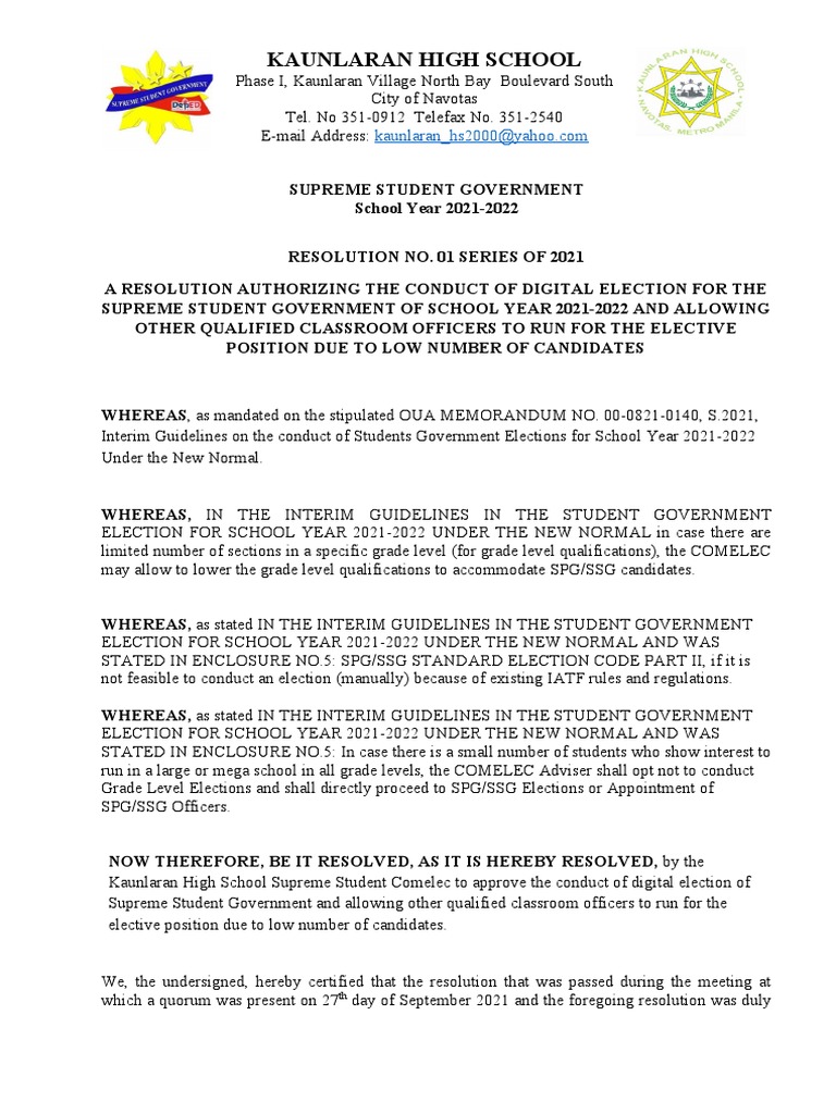 KHS - SSG Election - Resolution | PDF | Government | Justice