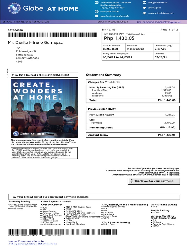 Globe at Home E-Bill - 852684638-2021-07-26 | PDF | Payments | Service ...