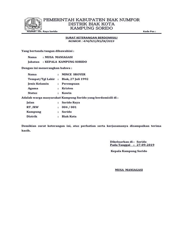 Contoh SK PINDAH DOMISILI | PDF