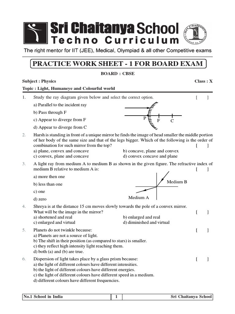 Physics Practice Worksheet for Class X | PDF | Optics | Refraction
