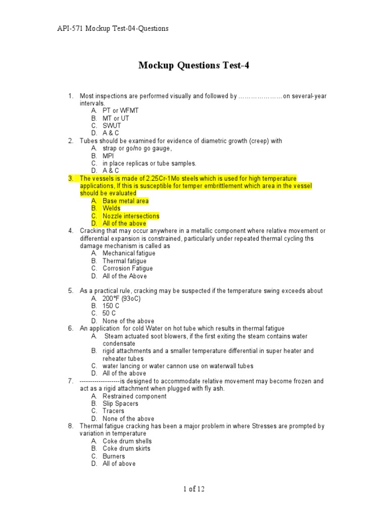 Mockup - Questions - Test - 4 - For API 571 | PDF | Corrosion | Steel
