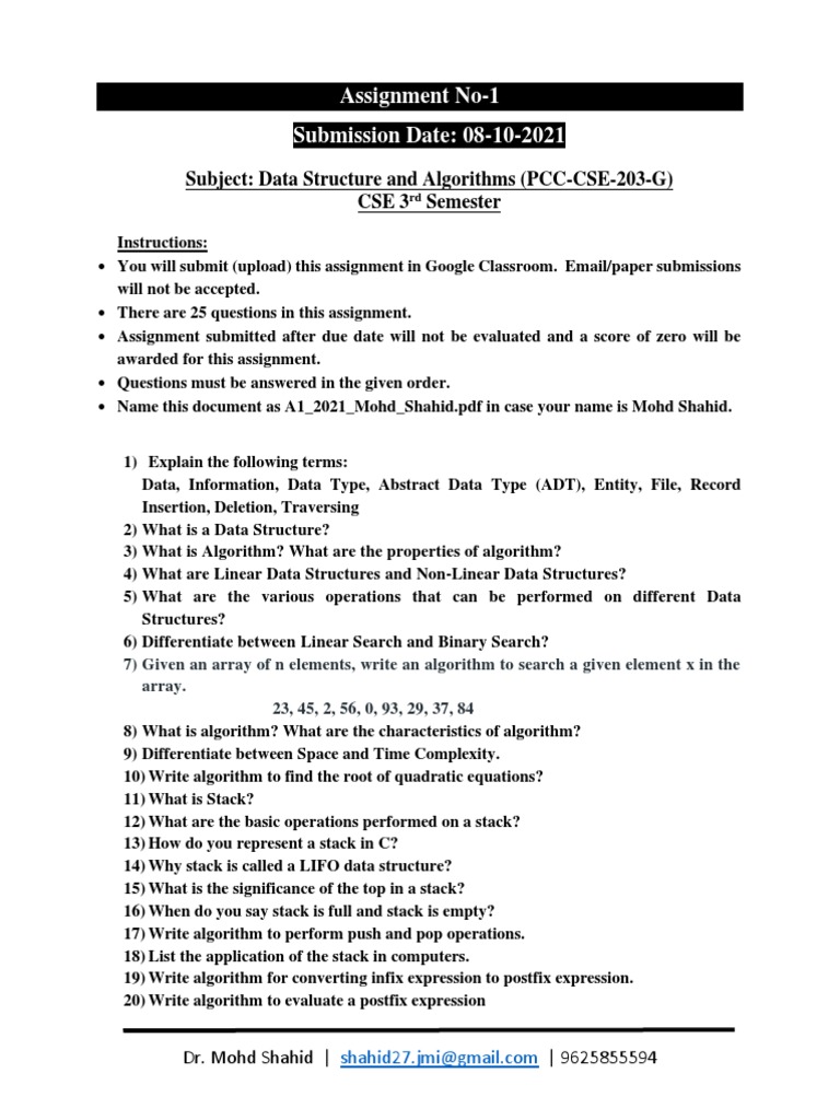 Assignment No-1 Submission Date: 08-10-2021: Subject: Data Structure and Algorithms (PCC-CSE-203 ...