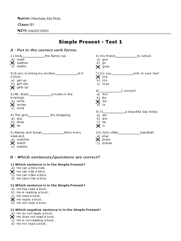 Simple Present - Test 1: Wachida Afa Rizki B1 | PDF | Grammar | Linguistics