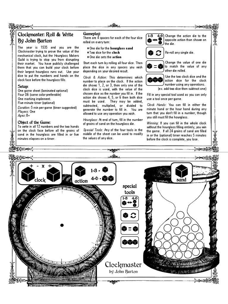 Clockmaster: Clockmaster: Roll & Write by John Burton | PDF | Clock | Dice