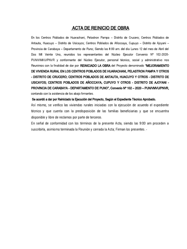 Acta de Reinicio de Obra PNVR Abril | PDF