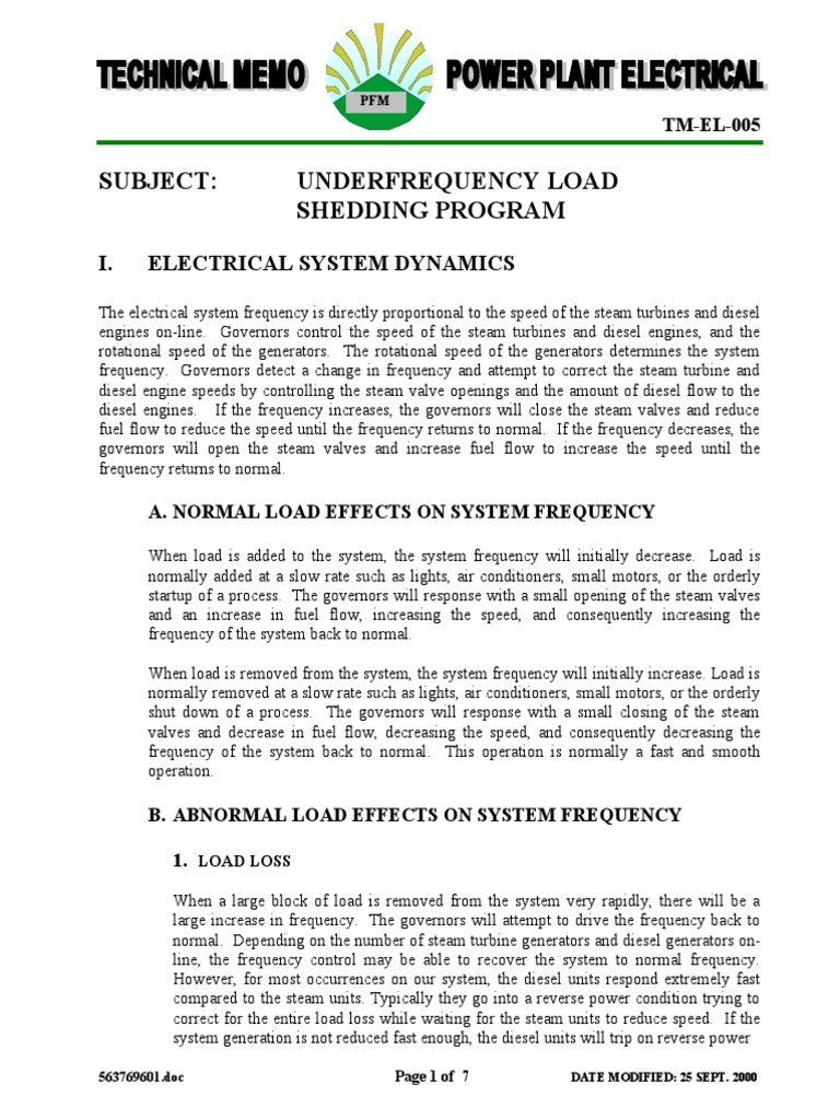 Subject: Underfrequency Load Shedding Program: I. Electrical System Dynamics | PDF | Engines ...