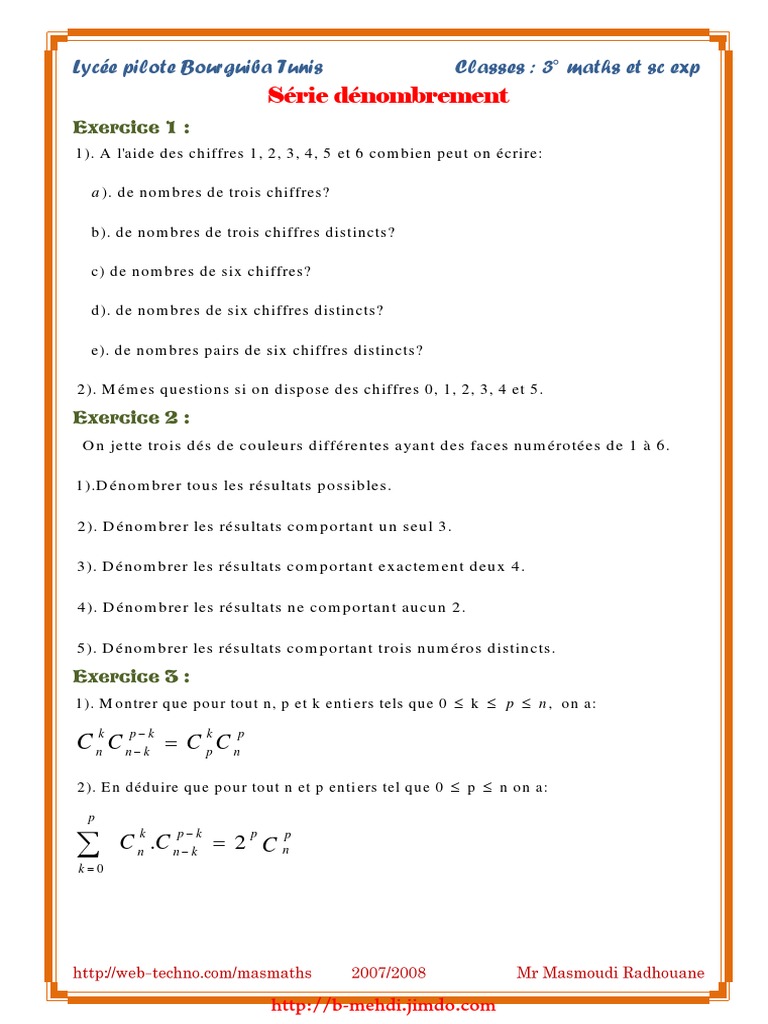 Serie D'exercices (Lycée Pilote) - Math - Dénombrement (2) - 3ème Math ...