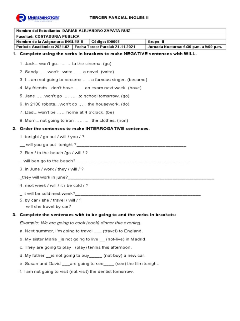 Complete Using The Verbs in Brackets To Make NEGATIVE Sentences With WILL | PDF | Syntax | Grammar