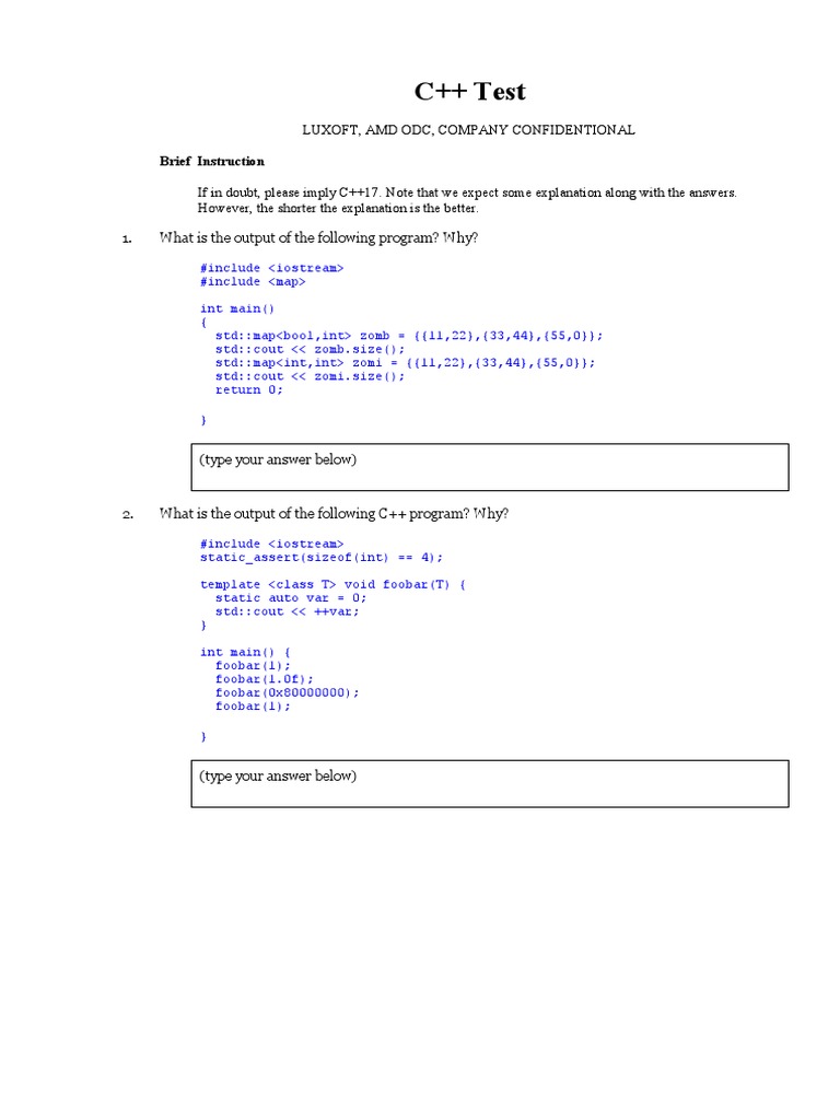 C++ Programming Test Questions and Answers | PDF | C++ | Software ...