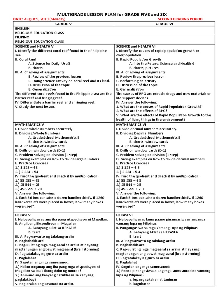Multigrade Lesson Plan For Grade Five and Six: Grade V Grade Vi | PDF ...