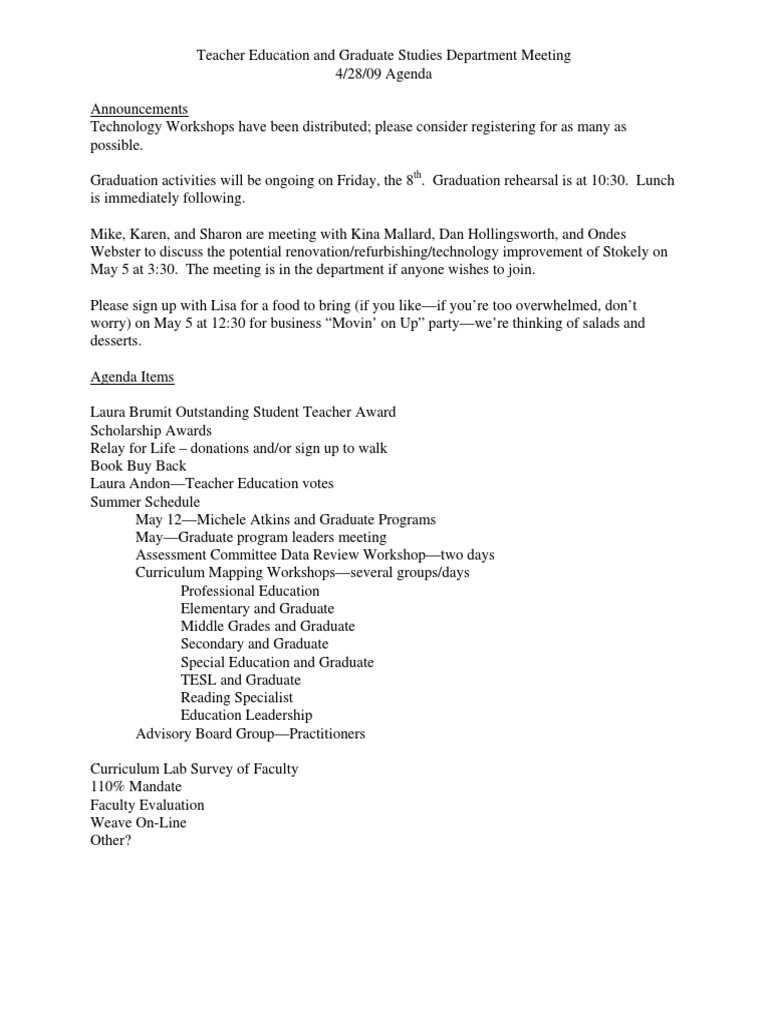 Teacher Department Meeting Agenda Template | PDF | Teaching