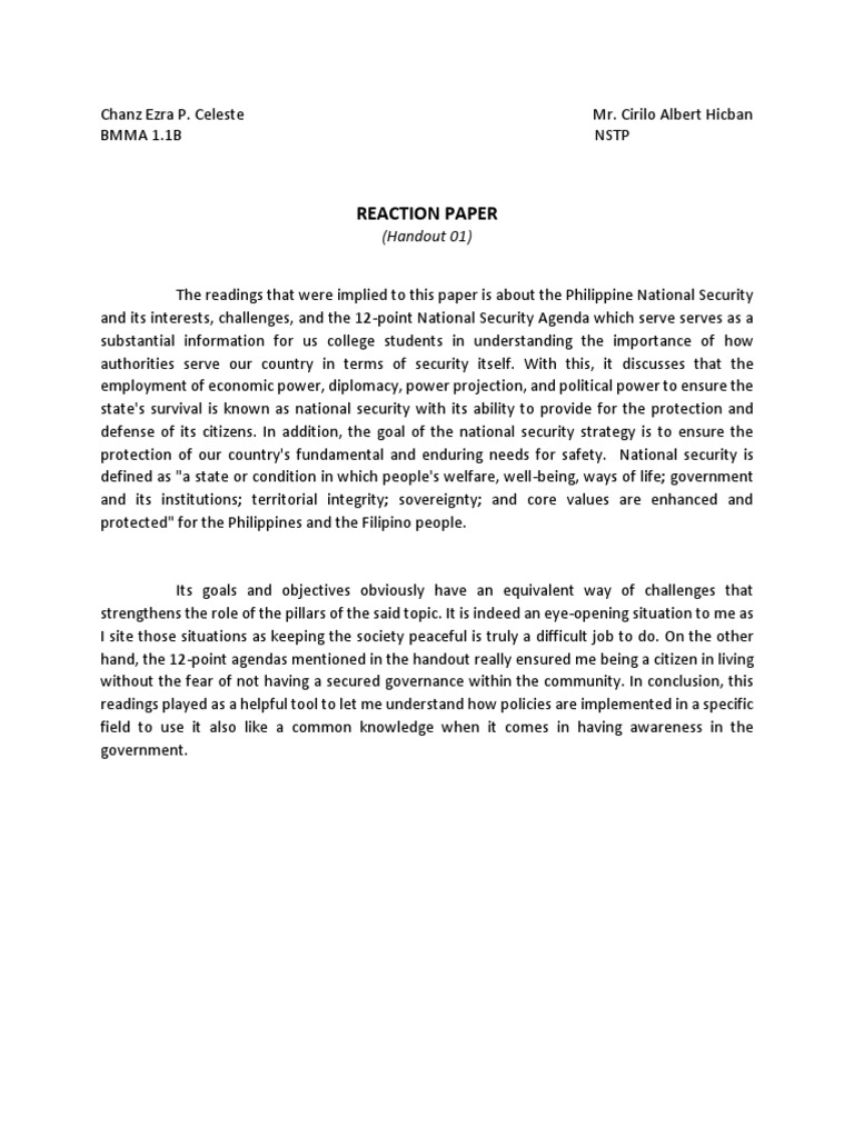 Reaction Paper: (Handout 01) | PDF