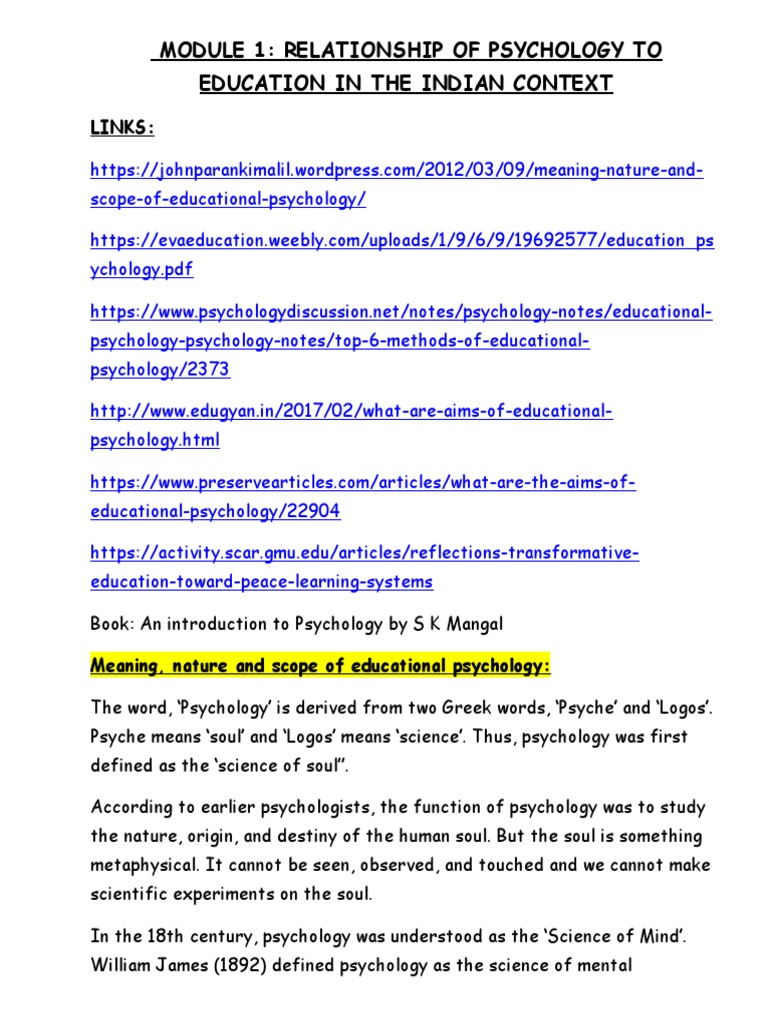 Module 1: Relationship of Psychology To Education in The Indian Context ...