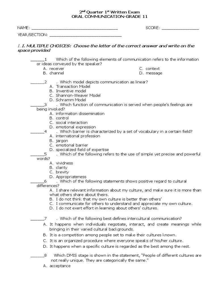 2 Quarter 1 Written Exam Oral Communication-Grade 11: ND ST | PDF ...