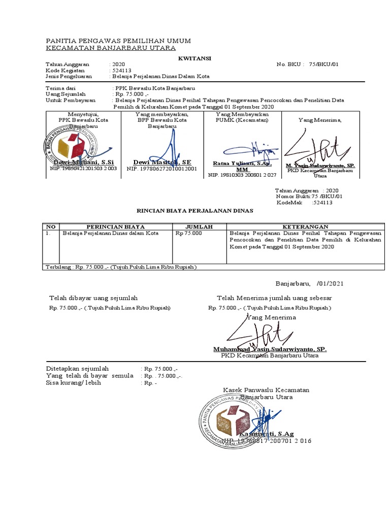 Kwitansi Perjalanan Dinas 2020 | PDF