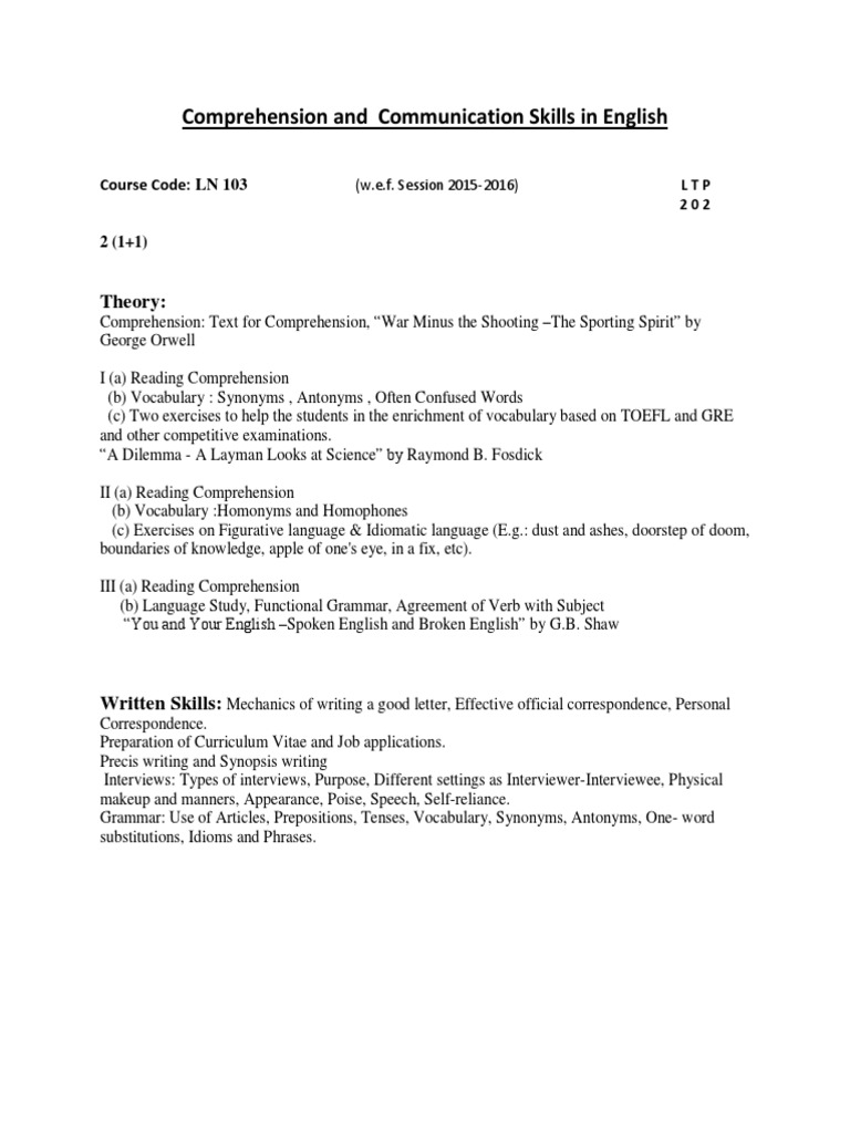 English-Comprehension and Communication Skills in English. B.Ag - Sc ...