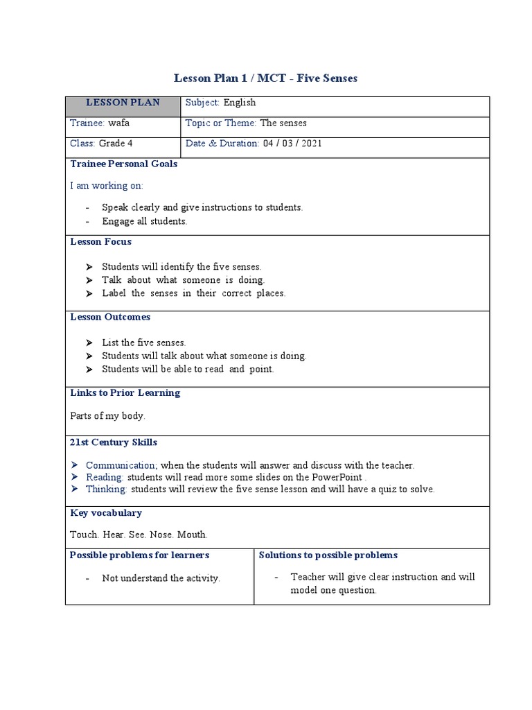 Lesson Plan 1 / MCT - Five Senses | PDF | Educational Assessment ...