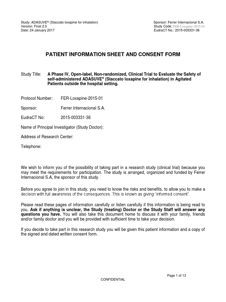 Patient Information Sheet and Consent Form: FER-Loxapine-2015-01 | PDF ...