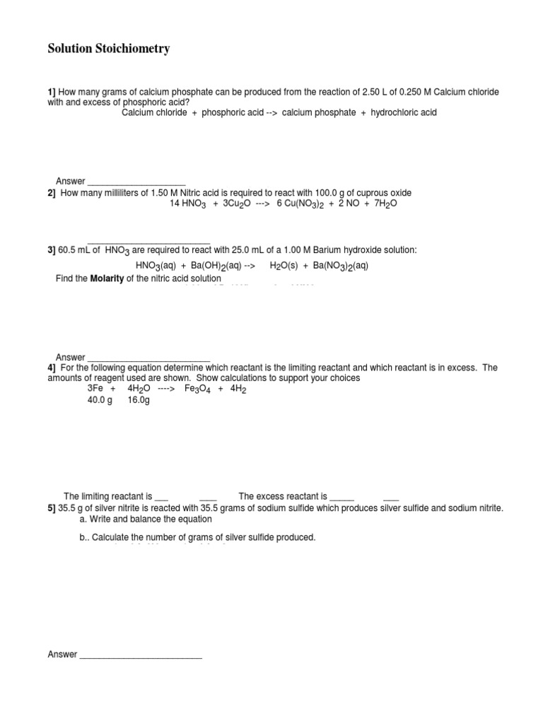 Solution Stoichiometry: Balanced | PDF | Nitric Acid | Acid