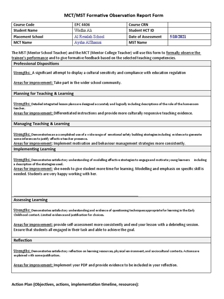MCT/MST Formative Observation Report Form: Professional Dispositions ...