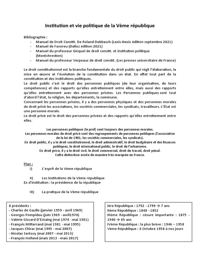 Institution Et Vie Politique de La Vème République | PDF