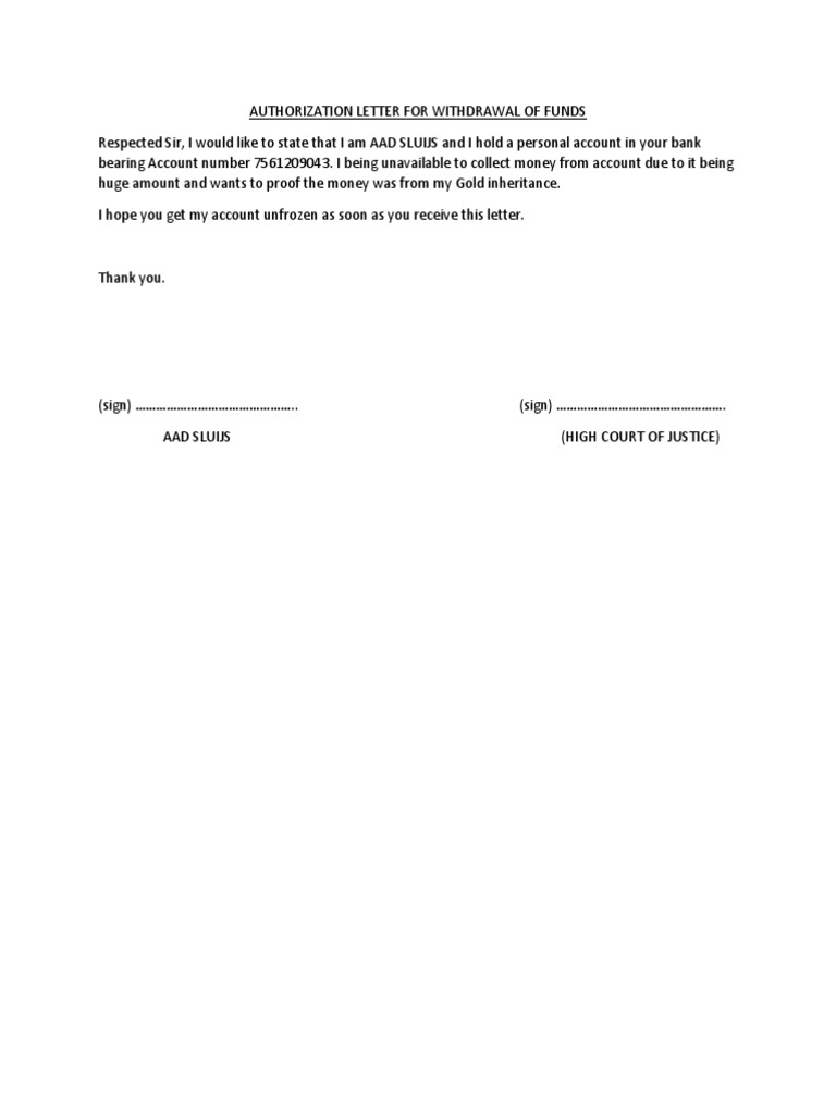 Authorization Letter For Withdrawal of Funds | PDF