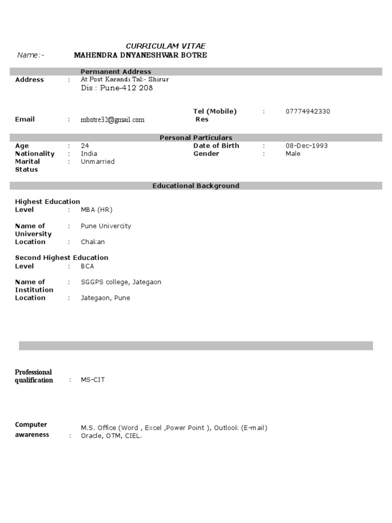Mahendra Botre - MBA HR CV | PDF