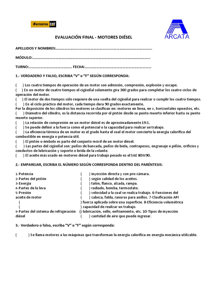 Eval. Final de Motores Diesel HRM | PDF | Inyección de combustible | Pistón