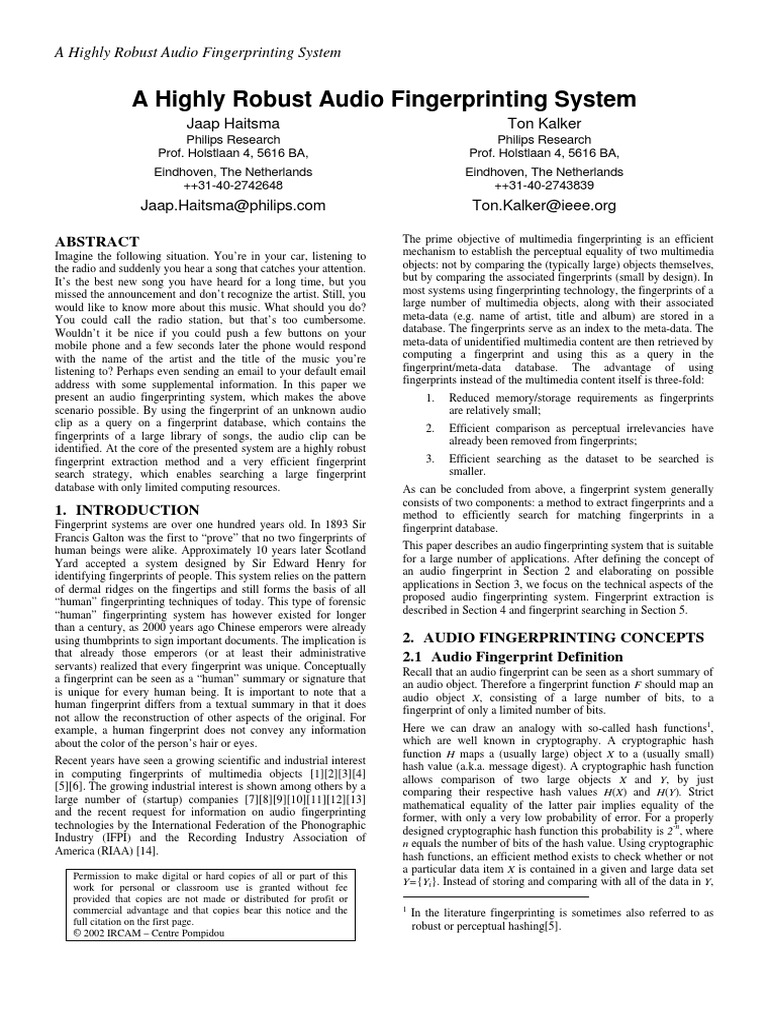 A Highly Robust Audio Fingerprinting System | PDF | Sampling (Signal Processing) | Probability ...