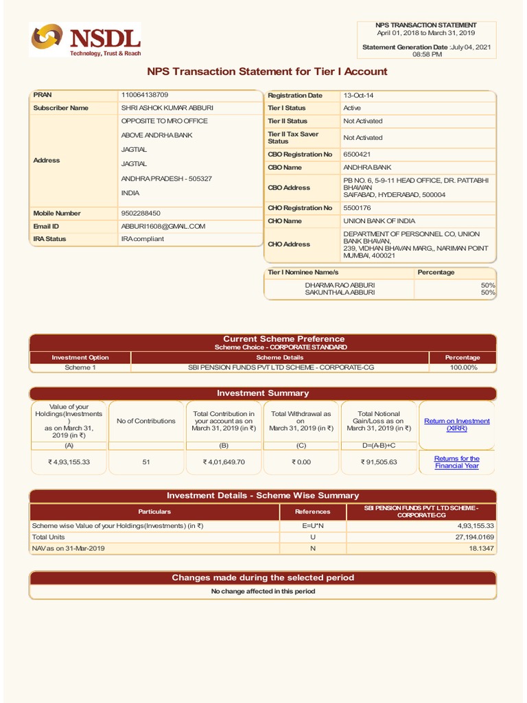 NPS Transaction Statement For Tier I Account: Current Scheme Preference ...