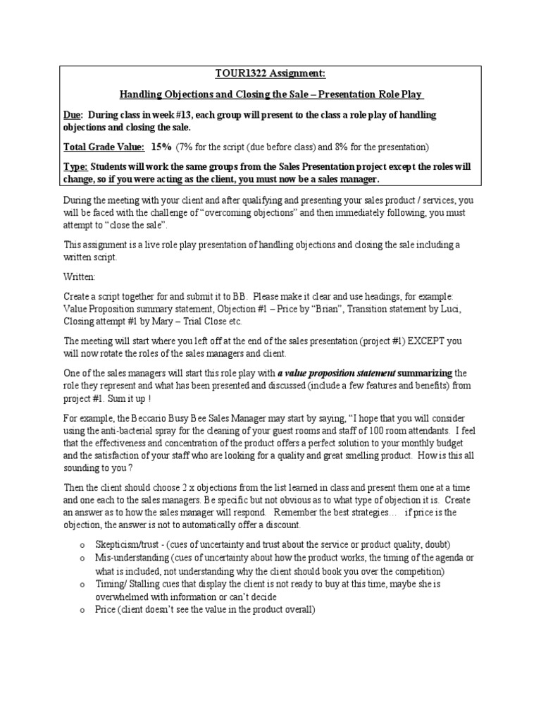 F21 - TOUR1322 - Objections and Close Live Role Play Assignment | PDF ...