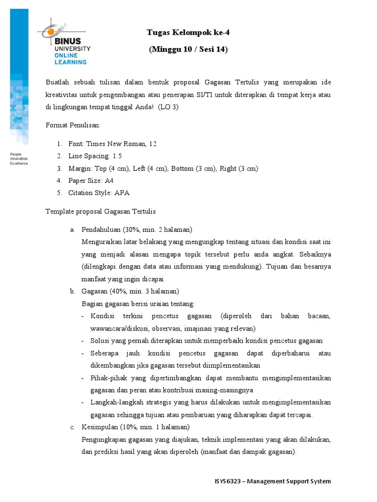 Tugas Kelompok Ke-4 (Minggu 10 / Sesi 14) : ISYS6323 - Management Support System | PDF
