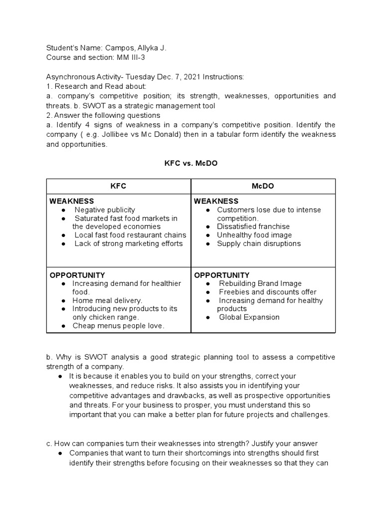 KFC vs. Mcdo KFC Mcdo Weakness Weakness | PDF | Swot Analysis | Marketing