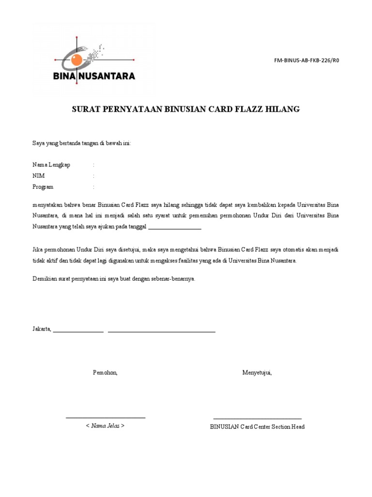 FM-BINUS-AA-FRM-171R0 Surat Pernyataan Binusian Card Flazz Hilang | PDF