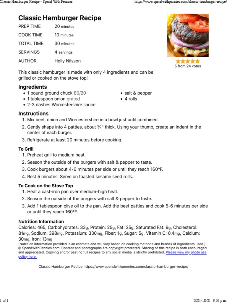 Classic Hamburger Recipe - Spend With Pennies | PDF | Cooking | Hamburgers
