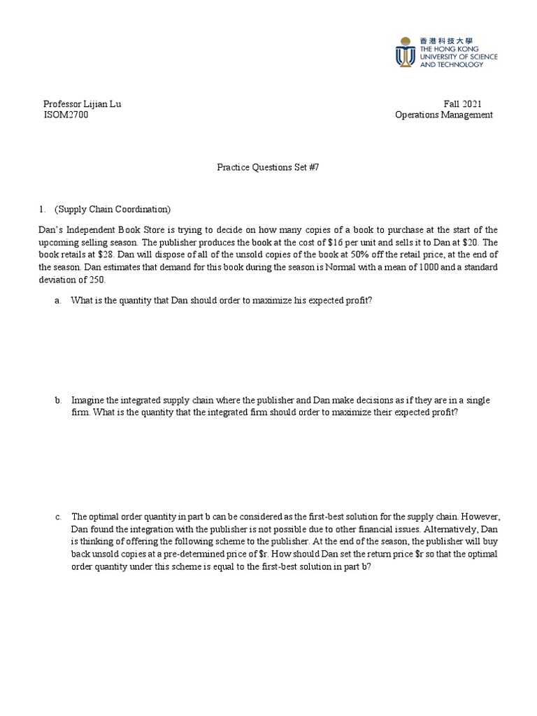 Operations Management Practice Questions | PDF | Prices | Profit ...