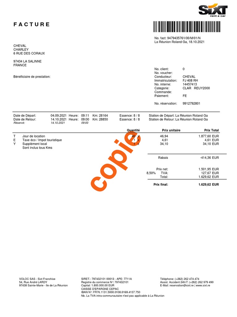 Facture Location Voiture | PDF | Documents commerciaux