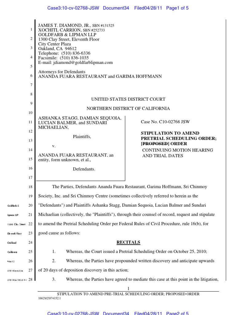 Stipulation To Amend Pre-Trial Scheduling Order | Discovery (Law ...