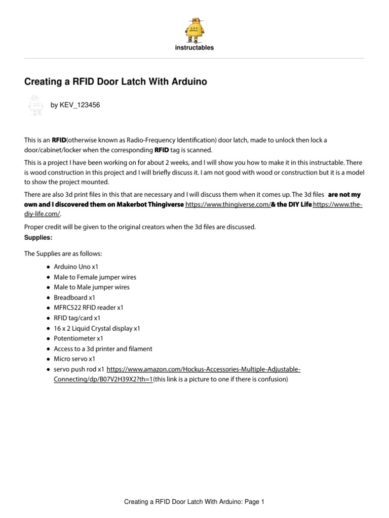 Creating A RFID Door Latch With Arduino: Instructables | PDF | Arduino ...