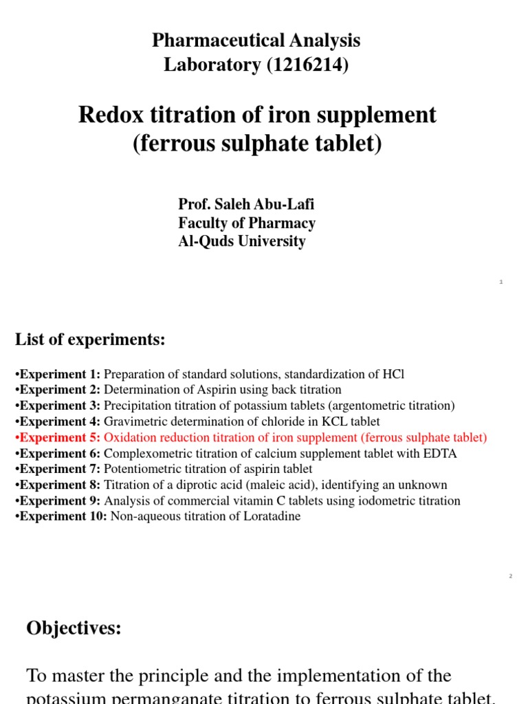 Analysis of Iron Content in Ferrous Sulfate Tablets Through Redox ...