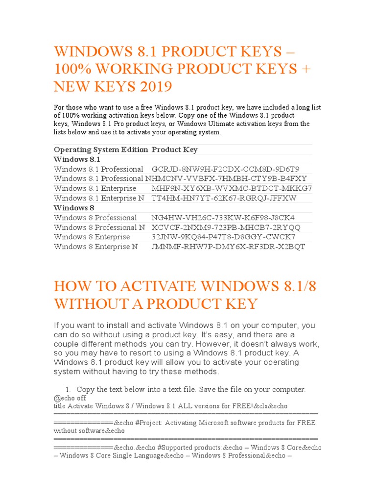 FREE WINDOWS 8.1 PRODUCT KEYS & ACTIVATION METHODS | PDF | Windows 8 ...