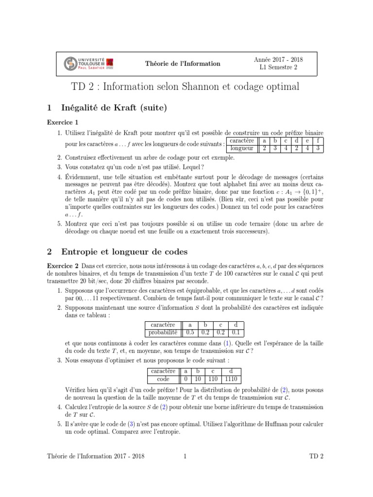 TD 2: Information Selon Shannon Et Codage Optimal: 1 Inégalité de Kraft (Suite) | Download Free ...