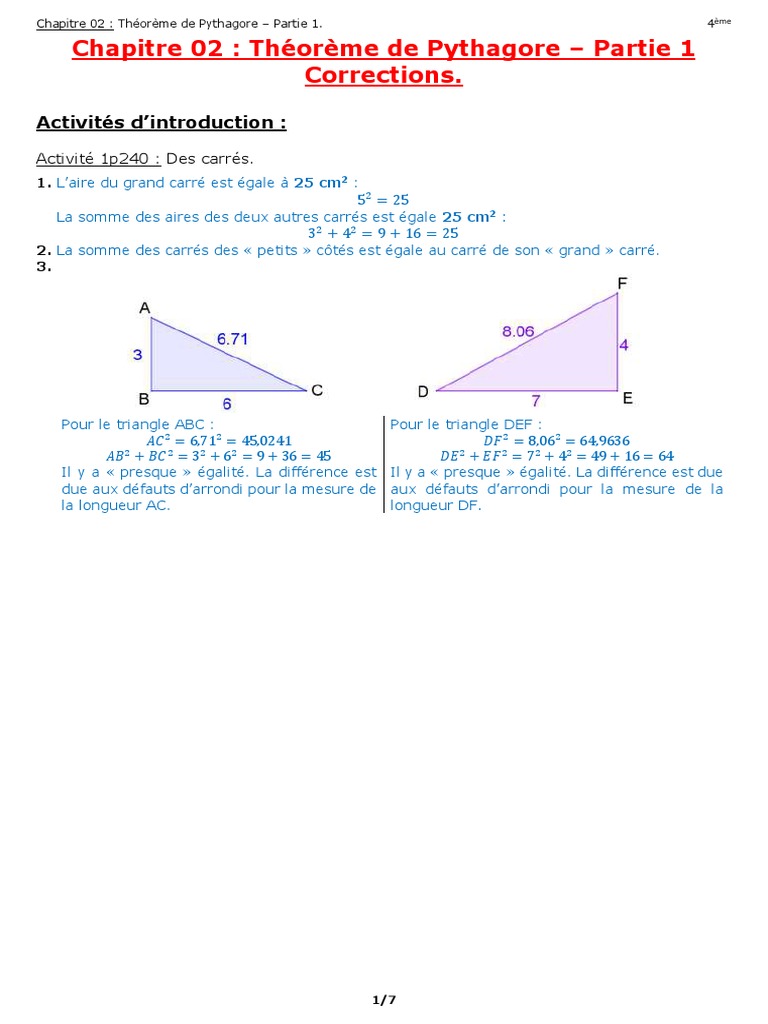 Chapitre 02 - Théorème de Pythagore - Partie 1 - Corrections | PDF | Formes géométriques | Euclide