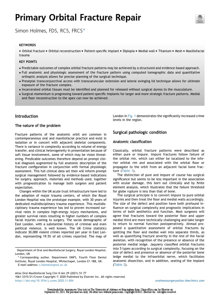 Primary Orbital Fracture Repair | PDF | Surgery | Clinical Medicine