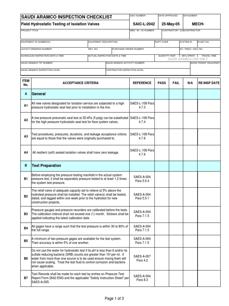 Saudi Aramco Inspection Checklist: Field Hydrostatic Testing of ...