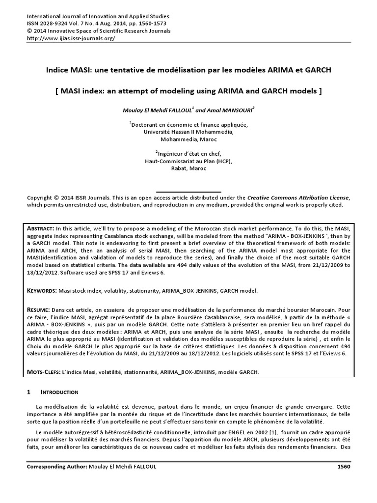 Indice MASI - Une Tentative de Modélisation Par Les Modèles ARIMA Et ...