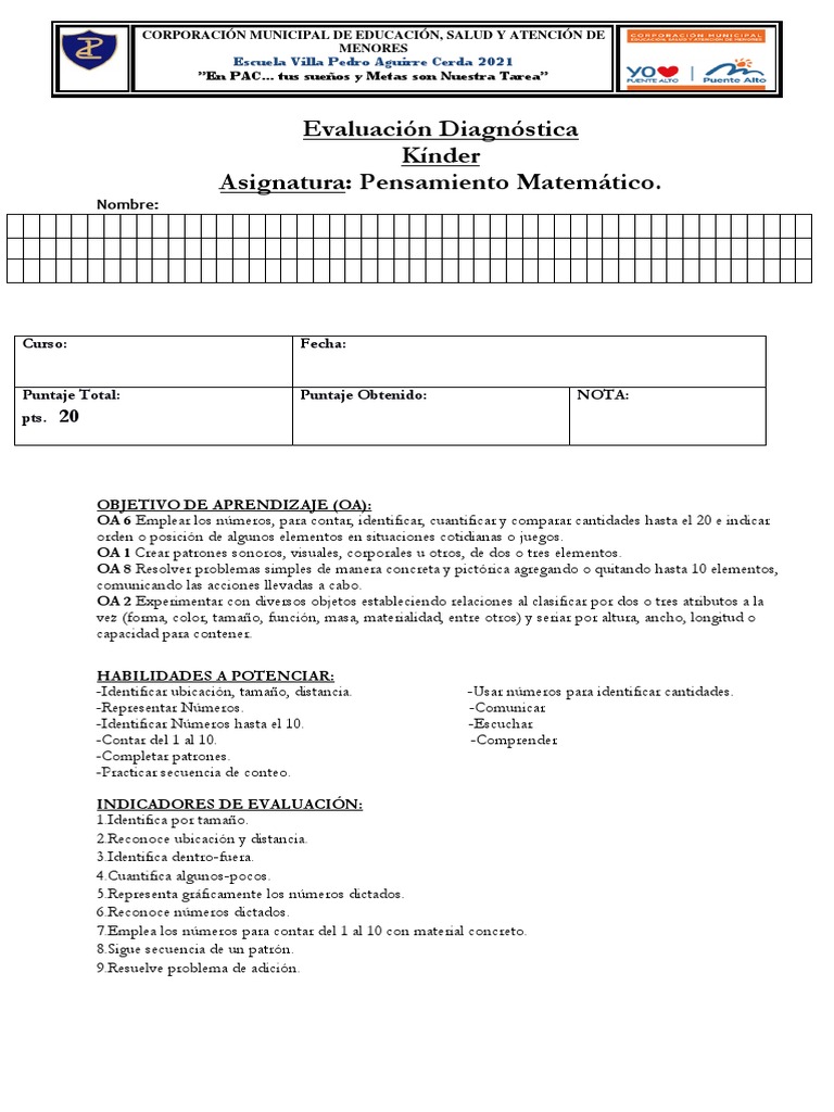 Prueba de Diagnostico Pensamiento Matematico KINDER 2021 | PDF ...