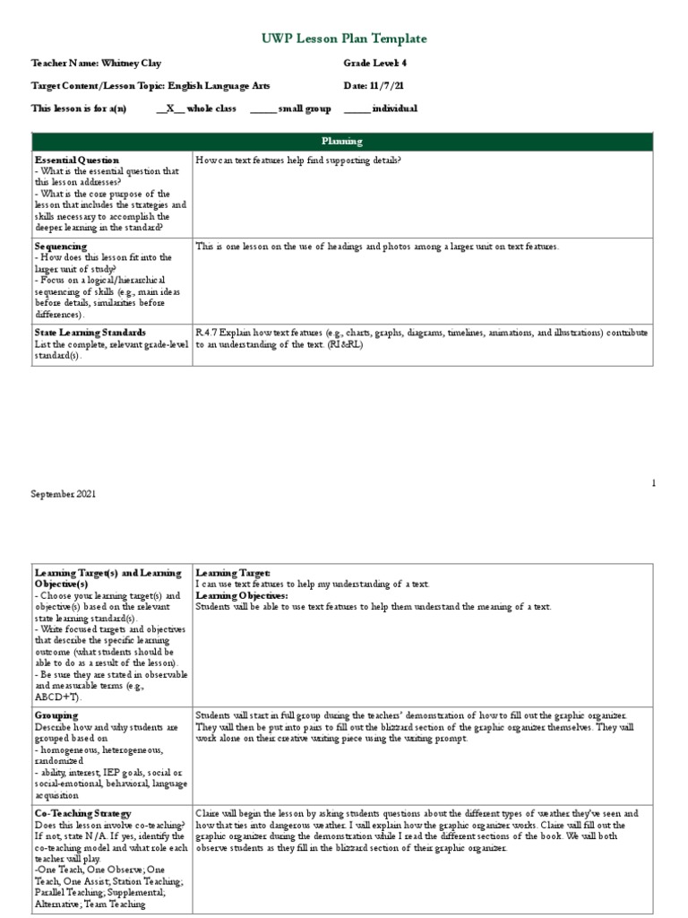 UWP Lesson Plan Template | PDF | Educational Assessment ...