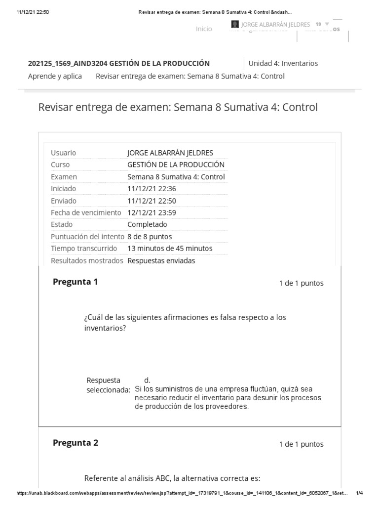 Revisar Entrega de Examen - Semana 8 Sumativa 4 - Control &ndash.. | PDF | Inventario | Economias